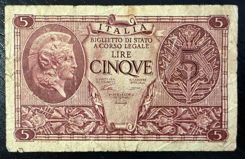 Banknote Italien 5 Lire 1944 (Gebraucht) in Opfikon für CHF 3.5 – mit ...