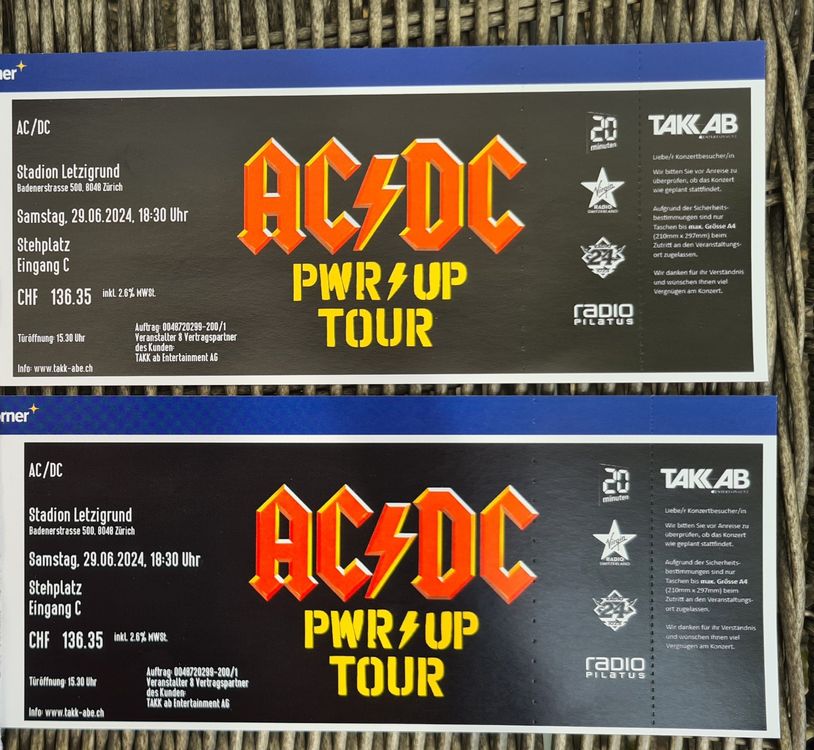 AC/DC 2 x Stehplatz Zürich. Porto Eingeschrieben Gratis (Neu (gemäss Beschreibung)) in ...