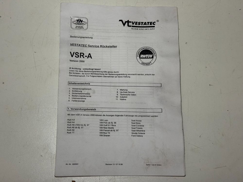 Vestatec Service Rücksteller VSR-A Version 2000 (Gebraucht) in Boswil ...