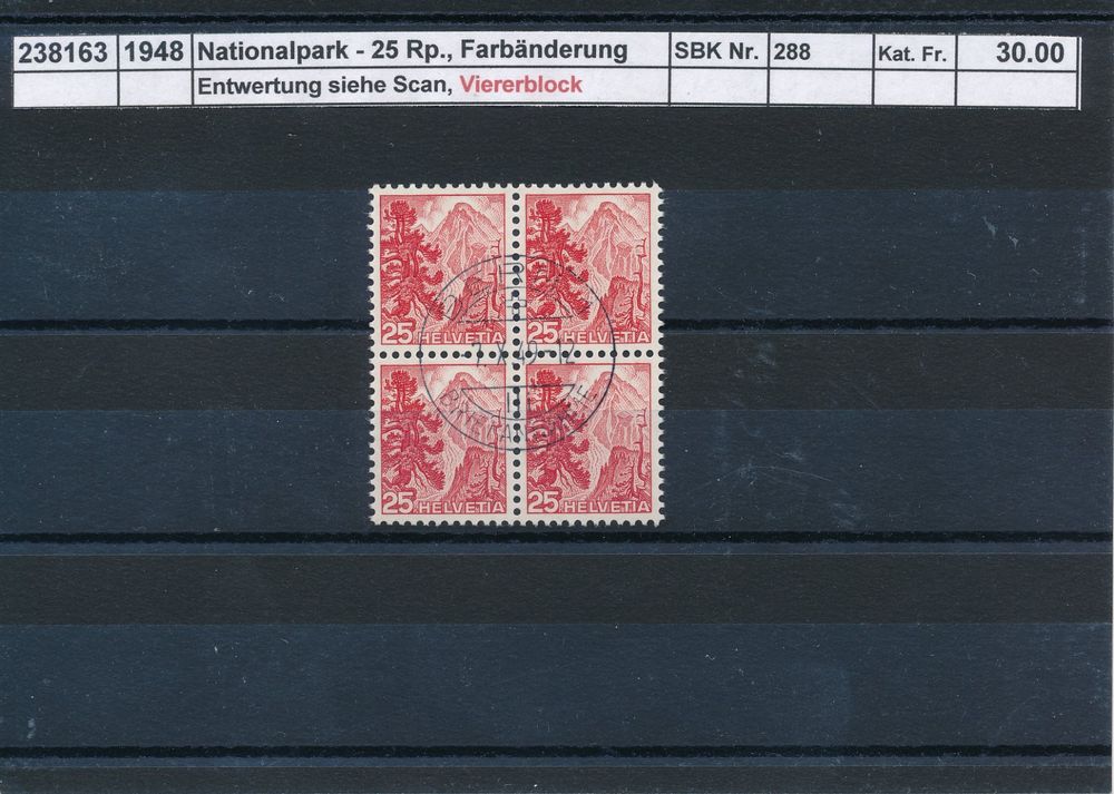 1948 Nationalpark - 25 Rp., Farbänderung Viererblock (Gebraucht) in Winterthur für CHF 4.5 – mit ...
