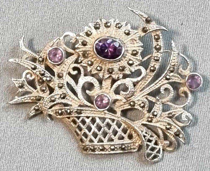 Brosche mit Amethyst Markasiten 925 Silber Vintage | Kaufen auf Ricardo