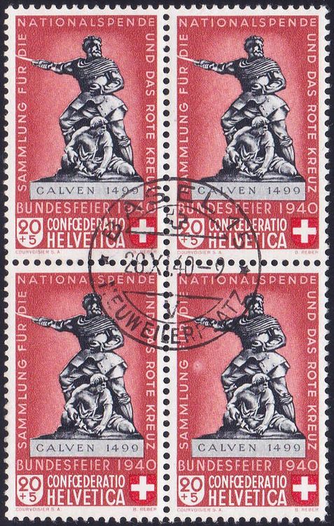 B3-6, 1940, Denkmäler-Serie im Viererblock, Zentrumstempel (Gebraucht) in Wenslingen für CHF 40 ...