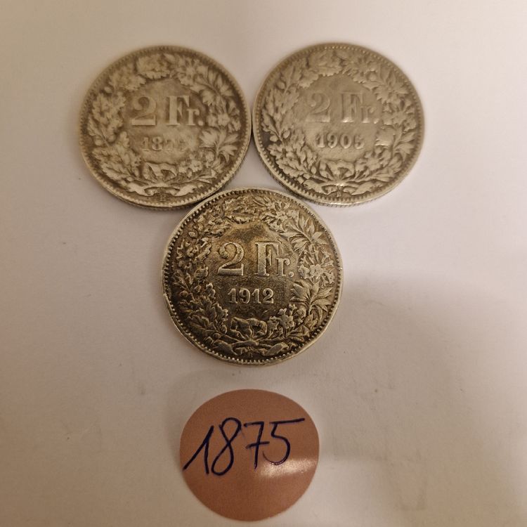 Silbermünzen 2 Franken 1875, 1905, 1912 Schweiz Helvetia (Gebraucht) in Stans für CHF 27 – mit ...