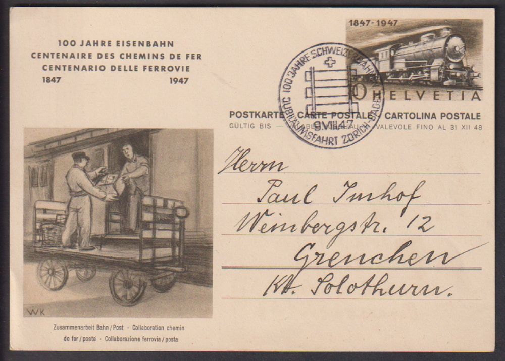 1947, Postkarte 100Jahre Eisenbahn mit E.T. Stempel. (Gebraucht) in Reinach BL für CHF 0.7 – mit ...