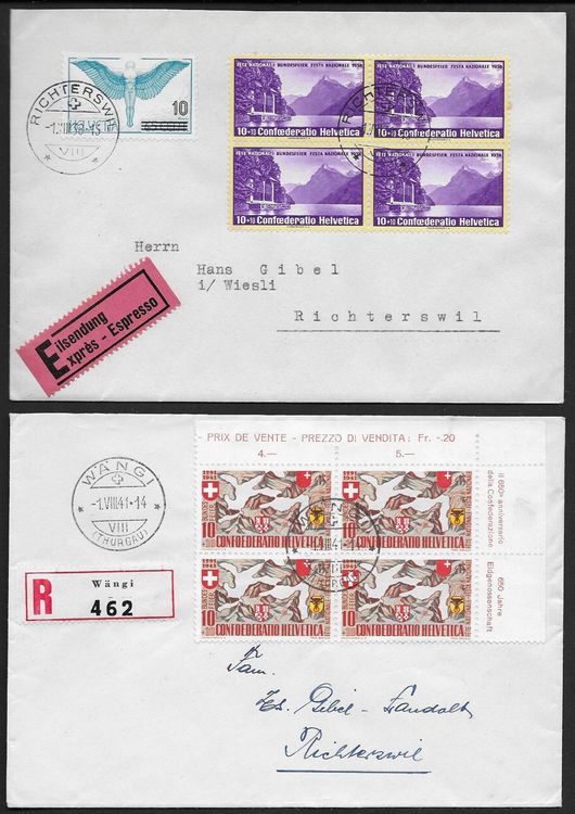 1938 zwei R/Exp. Briefe Richterswil+Wängi 1.VIII. top ab 1.- (Gebraucht) in Zürich für CHF 16 ...