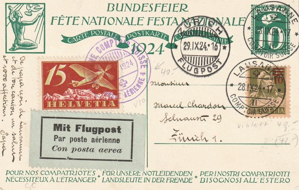 besserer Sonderflug v. 1924 auf Bundesfeierkarte, KW 175.- | Kaufen auf Ricardo