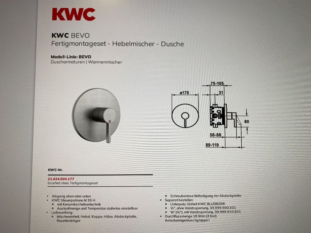 Duschenmischer *KWC* Bevo „Edelstahl“ (Neu und originalverpackt) in Täuffelen für CHF 320 – mit ...