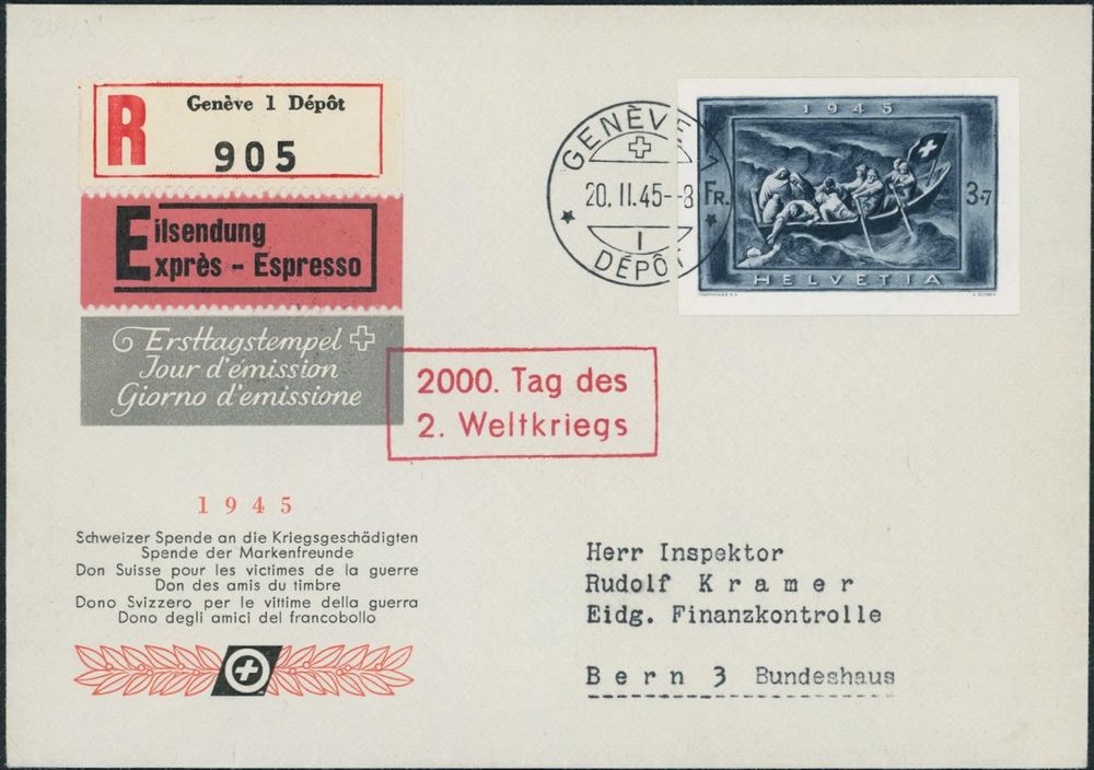 1945 - Spende - Blockausschnitt - FDC ET (Gebraucht) in Schindellegi für CHF 1350 – mit ...
