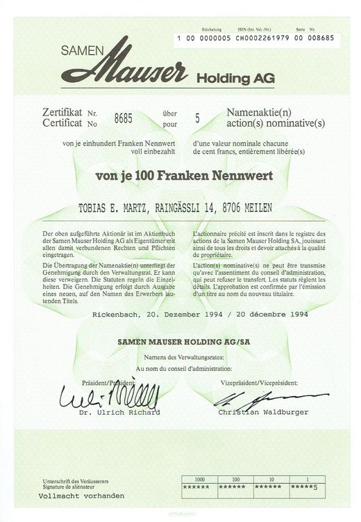 Samen Mauser Holding AG | Kaufen auf Ricardo