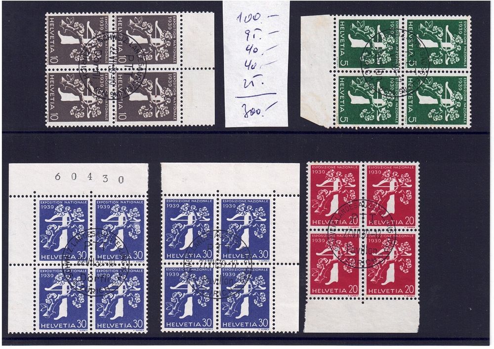 Landesausstellung 1939, 5 versch. Viererblocks, Kat. 300 CHF (Gebraucht ...