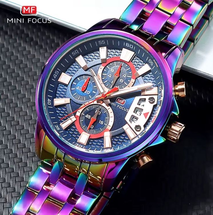 Edle + sportliche Chrono-Uhr v. MINI FOCUS, irisierend, lila (Neu und originalverpackt) in ...