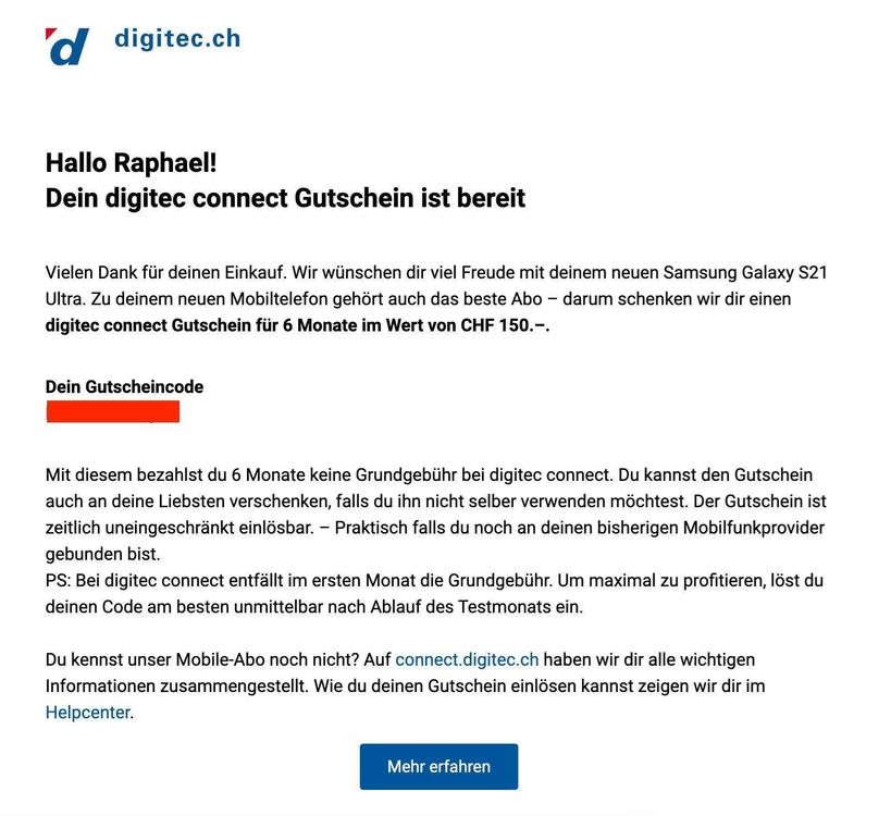 Digitec Connect Gutschein 150 Chf | Kaufen auf Ricardo