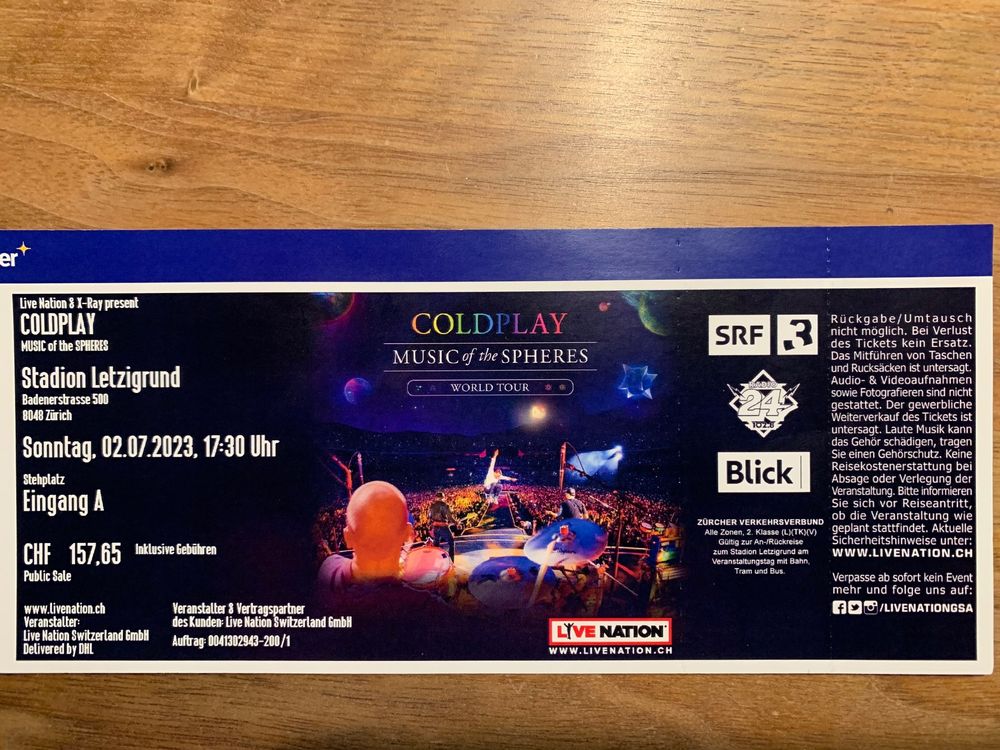Coldplay, 1 x Stehplatz Ticket, Zürich 2.7.2023 | Kaufen auf Ricardo