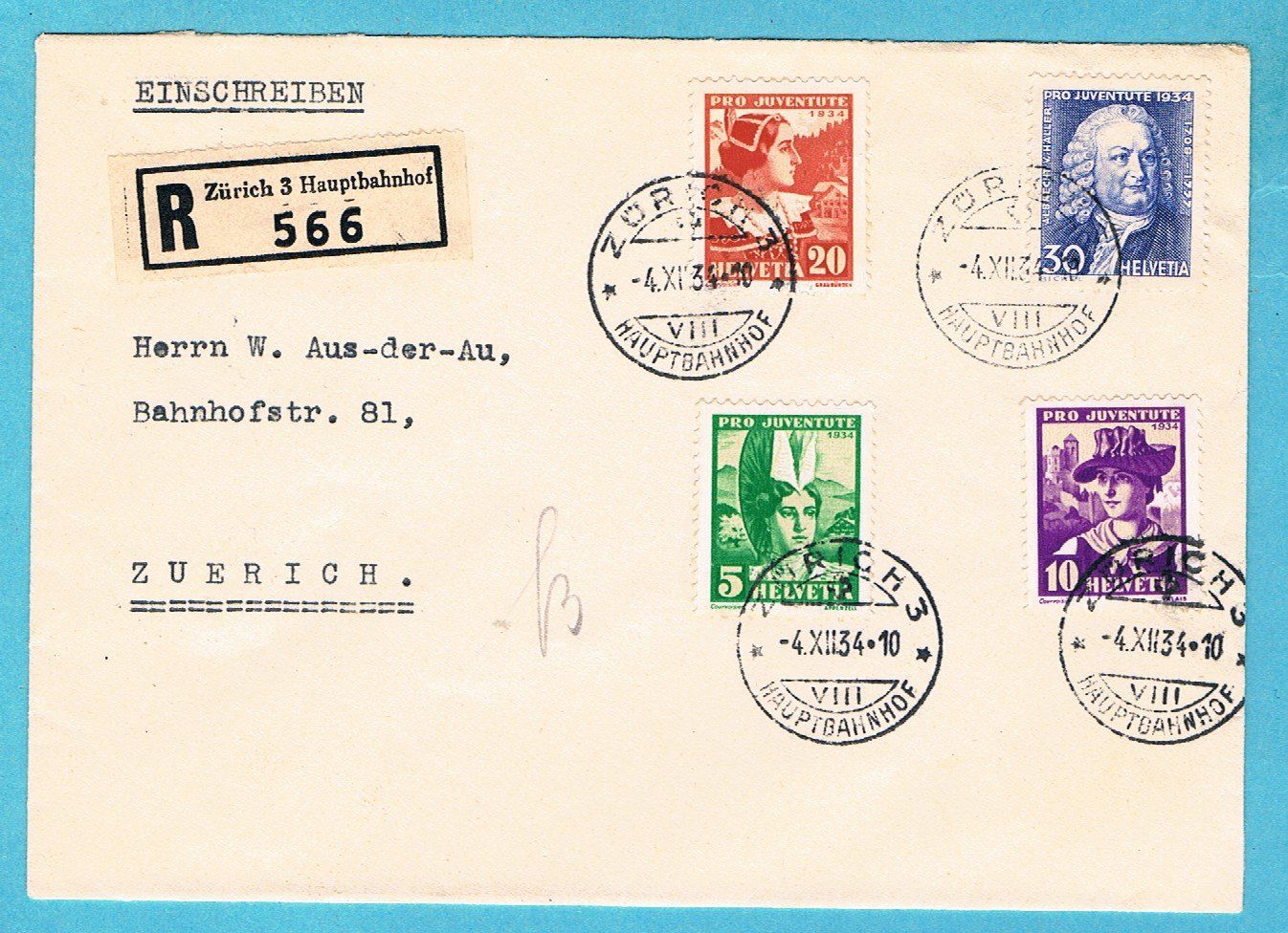 PJ Chargé Satzbrief 1934 o ZÜRICH 4.XII.34 ! Ab Fr.1! (Gebraucht) in ...