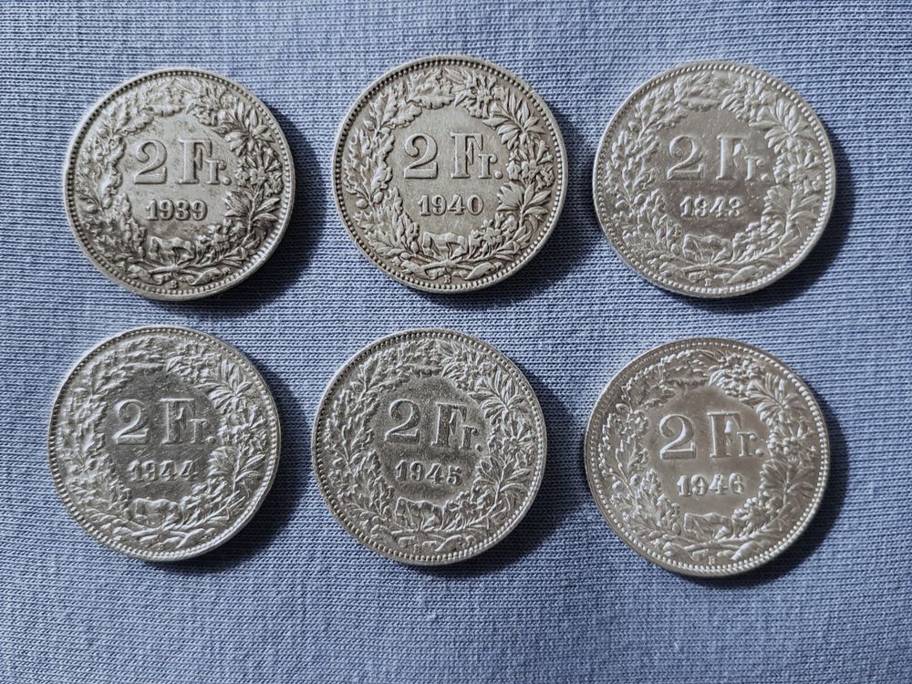 6 x 2 Fr Silbermünzen 1939-1940-1943-1944-1945-1946 ab 1 Fr! (Gebraucht) in Camignolo für CHF 32 ...