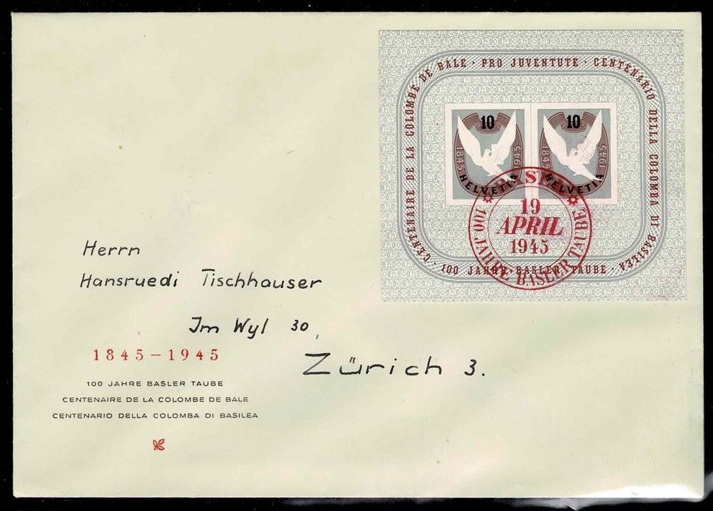 1945 Basler Taube Block W23 auf Brief (Neu (gemäss Beschreibung)) in Nuglar für CHF 13 – mit ...