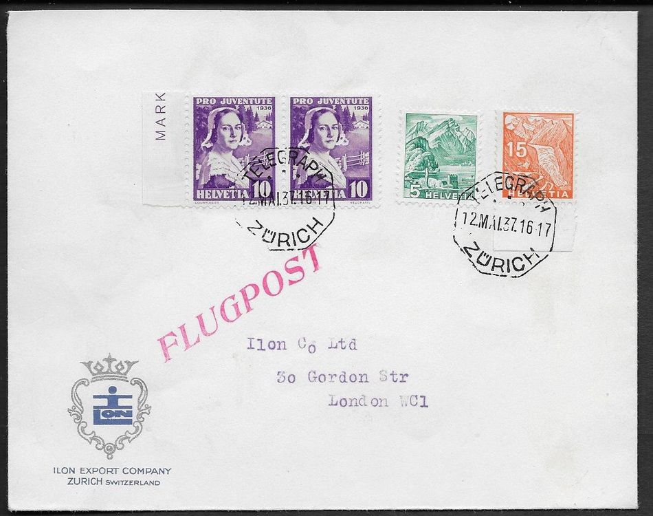 1937 Flugpost Brief o ZH-Telegraph - LONDON interess. ab 1.- (Gebraucht) in Zürich für CHF 6 ...