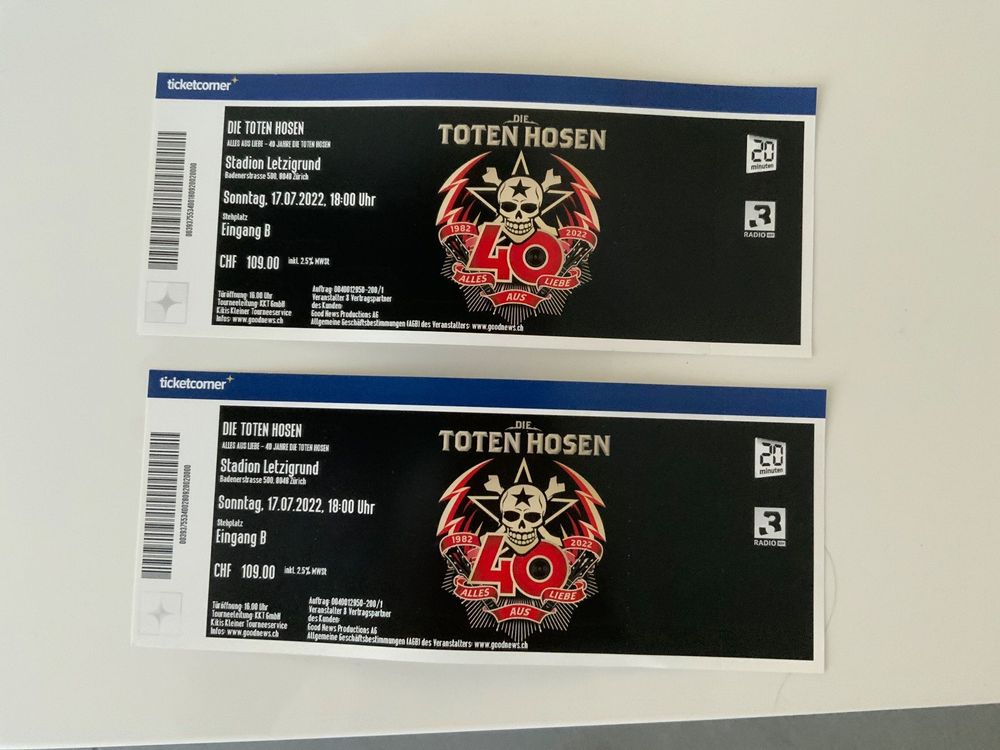 Tickets Tote Hosen Konzert Zürich 17.07.2022 | Kaufen auf Ricardo
