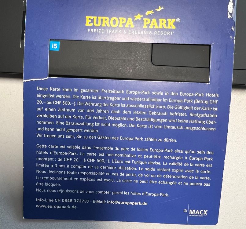 Gutschein Europapark, Wert 200.- (Neu und originalverpackt) in Zürich für CHF 185 – mit ...