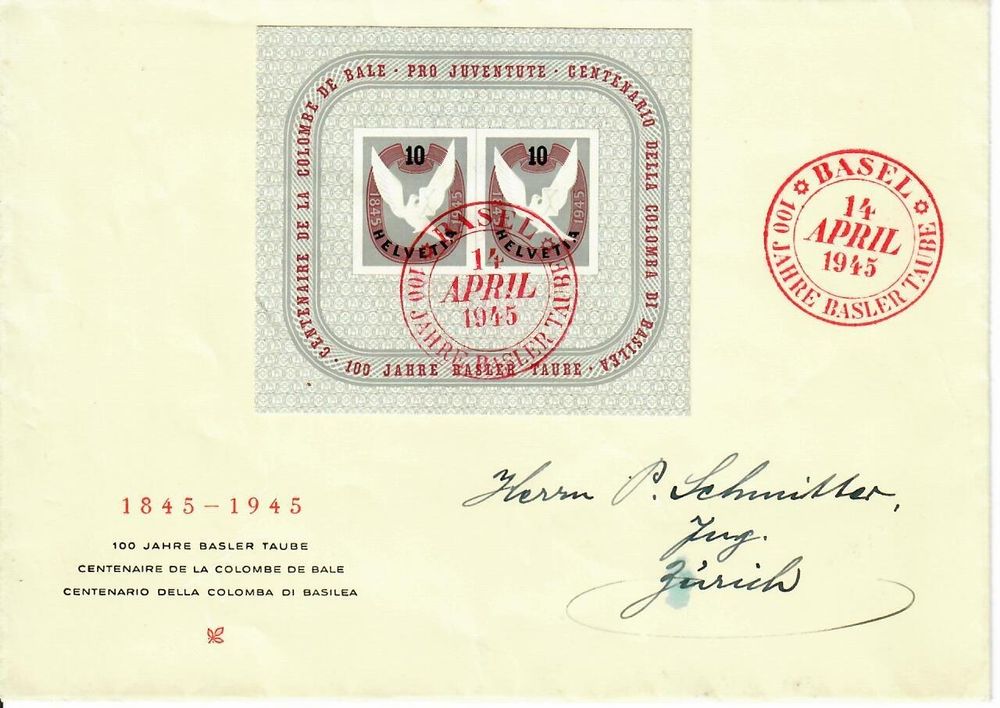 Baslertaube Block auf Brief 1945 (Gebraucht) in Hochdorf für CHF 50 – mit Lieferung auf Ricardo ...