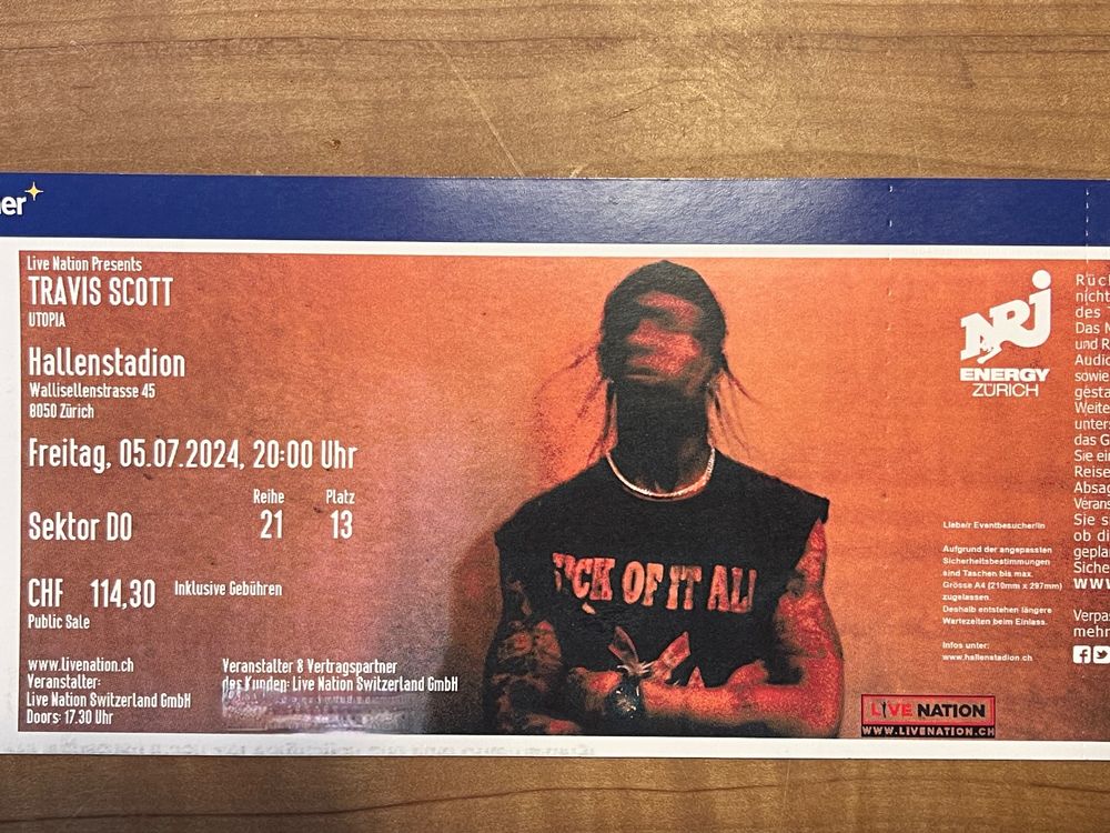 Travis Scott Sitzplatz-Ticket-Konzert in Zürich, 5.7.2024 (Neu (gemäss ...