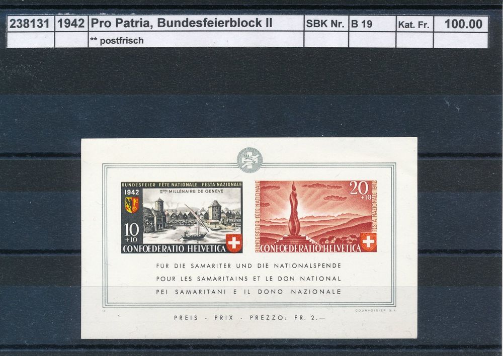 1942 Pro Patria, Bundesfeierblock II, ** postfrisch (Neu (gemäss Beschreibung)) in Winterthur ...