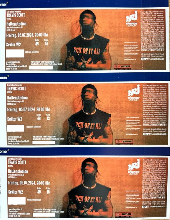 3x Sitzplatz-Tickets nebeneinander Travis Scott Zürich (Neu und ...