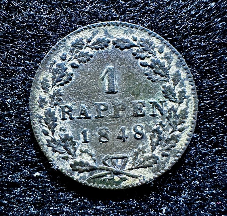 Kantonsmünze: 1Rappen - Canton Zürich - 1848 (Gebraucht) in Geroldswil für CHF 11 – mit ...