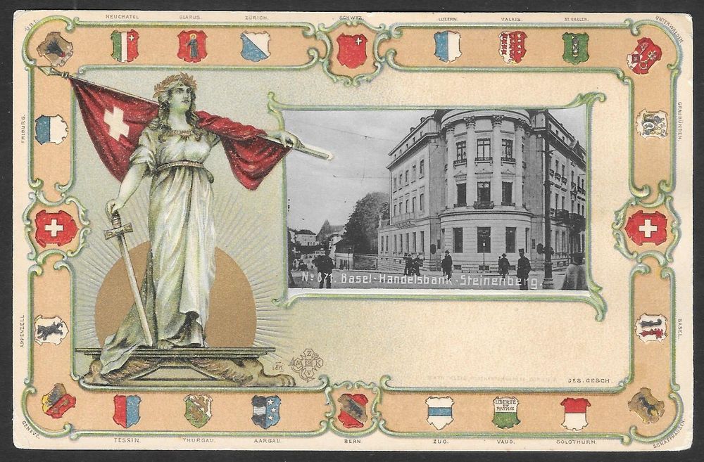 Basel Handelsbank Steinenberg Prägekarte Helvetia und Wappen (Gebraucht ...
