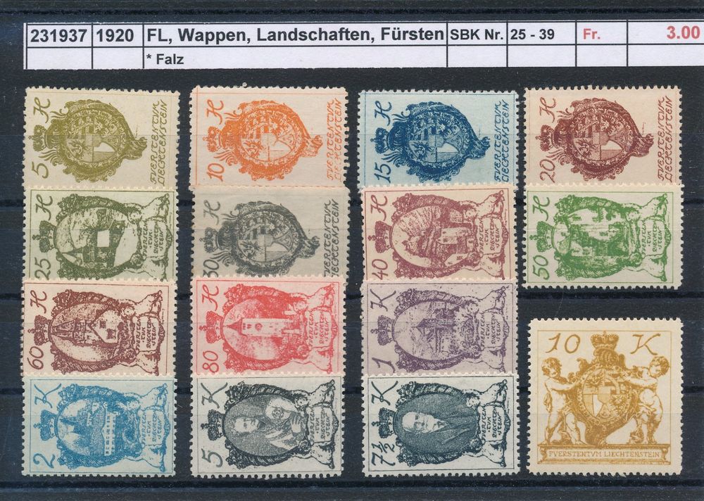 1921 Liechtenstein, Wappen, Landschaften, Fürst (Neu (gemäss Beschreibung)) in Winterthur für ...