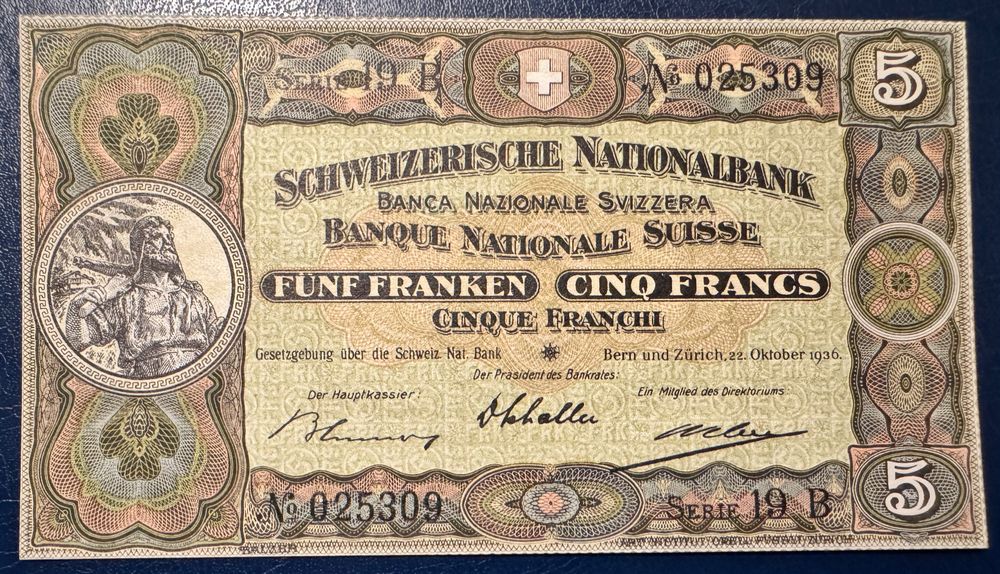 5 Franken 1936, Serie 19 B (025309) Bankfrisch 🇨🇭 (Gebraucht) in Ebikon für CHF 45 – mit ...