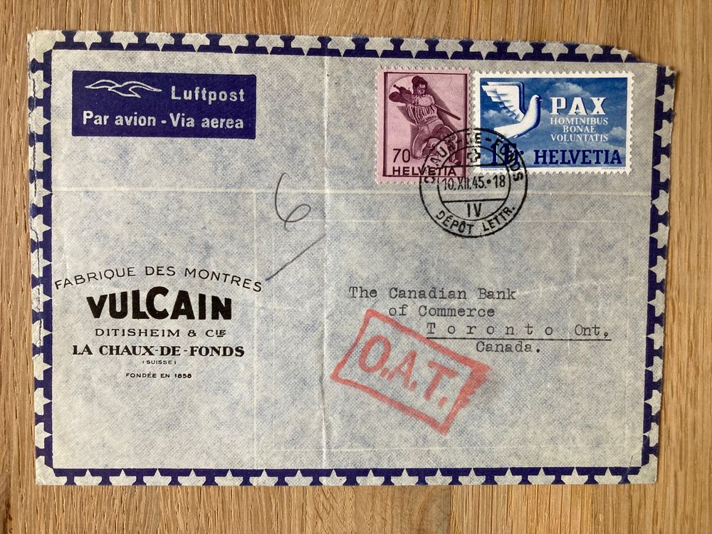 Flugpostbrief von 1945 mit O.A.T. mit PAX nach Kanada (Gebraucht) in ...