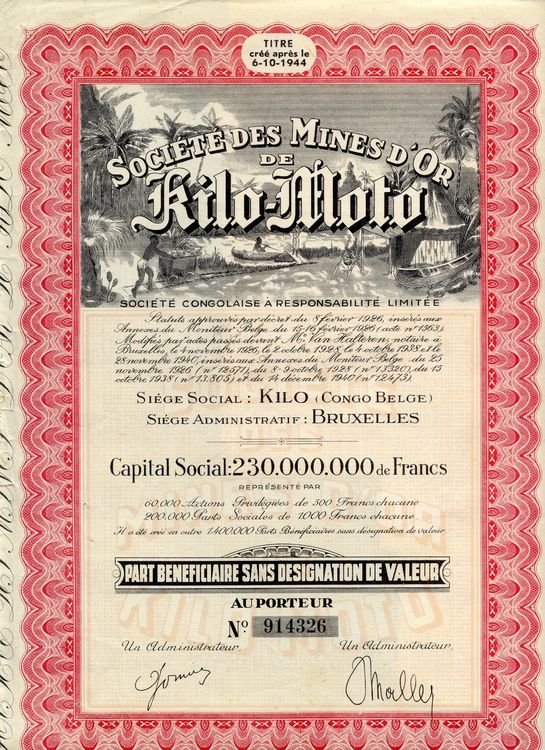 Historisches Wertpapier Soc. Mines d'Or de Kilo-Moto 1944 (Gebraucht ...