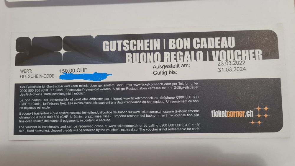 Ticketcorner Gutschein (Neu (gemäss Beschreibung)) in Kehrsatz für CHF ...