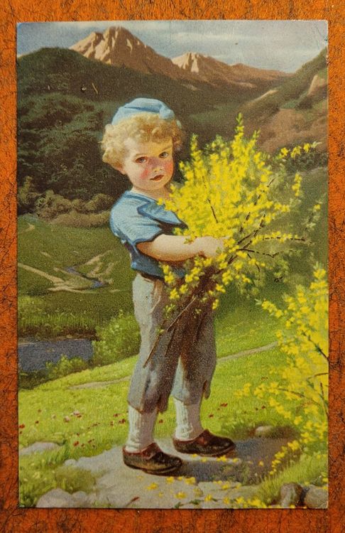 Kitsck Postkarte, Junge mit Blumenstrauss, Berg von 1936 (Gebraucht) in St Gallen für CHF 2.5 ...