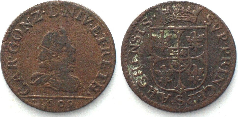 NEVERS & RETHEL Double Liard 1609, CHARLES de GONZAGA cuivre (D ...