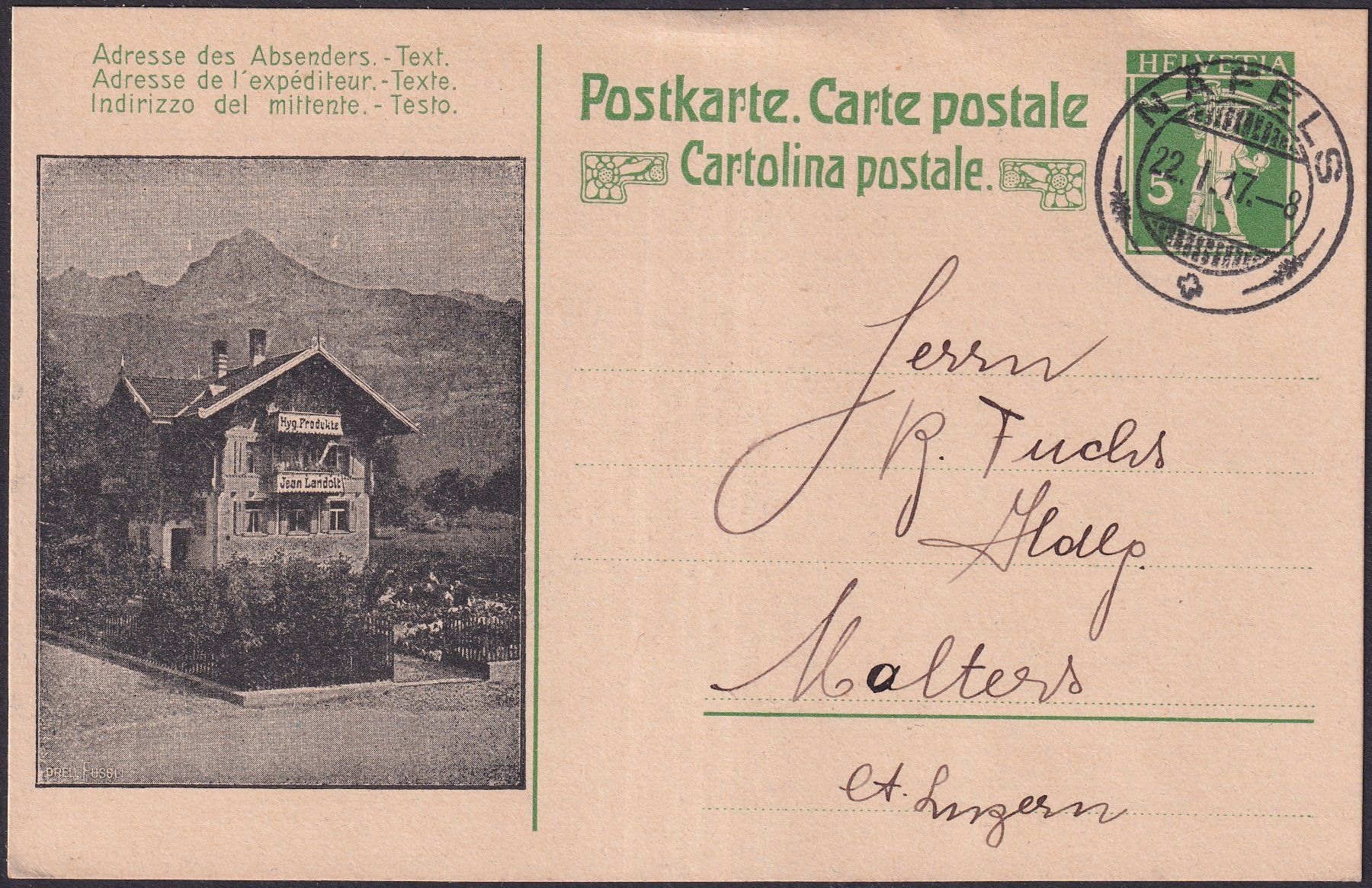 1917: Zudruck-Karte (schwarz) von NÄFELS: JEAN LANDOLT toll! (Gebraucht ...