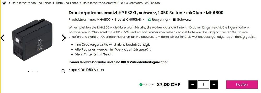 inkClub-Tintenpatrone schwarz, ersetzt HP 932XL (CN053AE) (Neu und ...