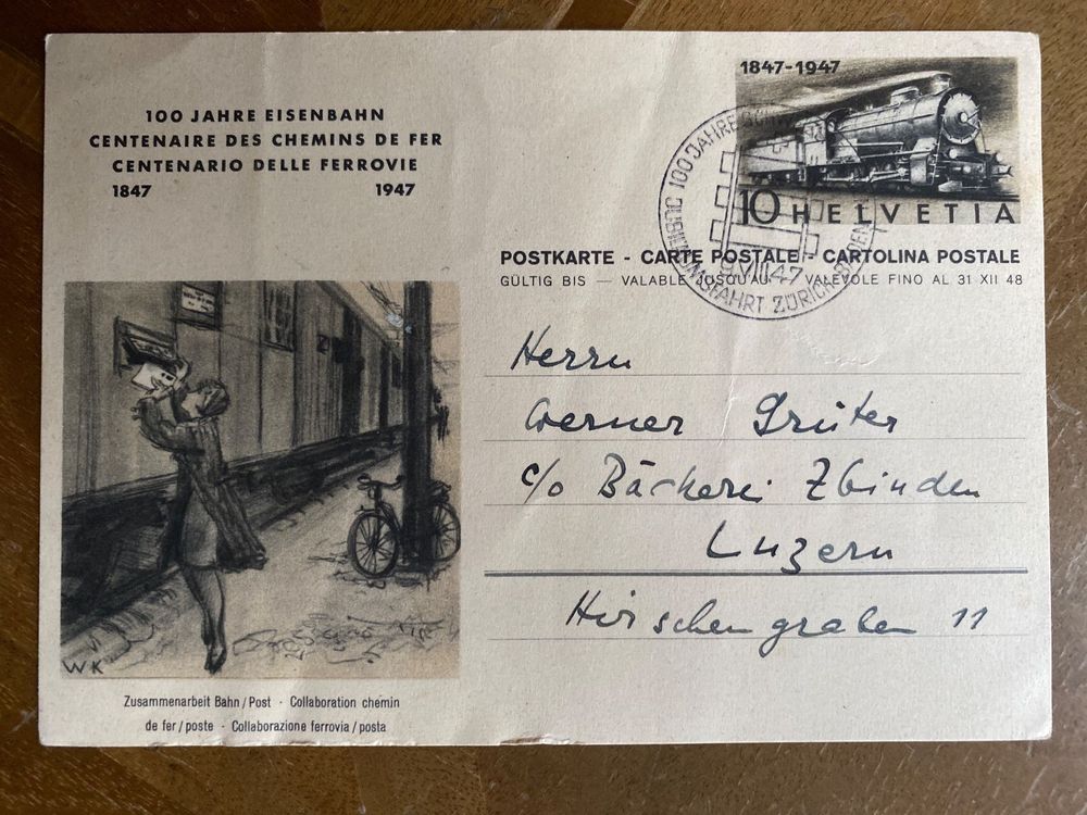 Postkarte von 1947: 100 Jahre Schweizer Eisenbahn (Gebraucht) in Engelberg für CHF 2 – mit ...