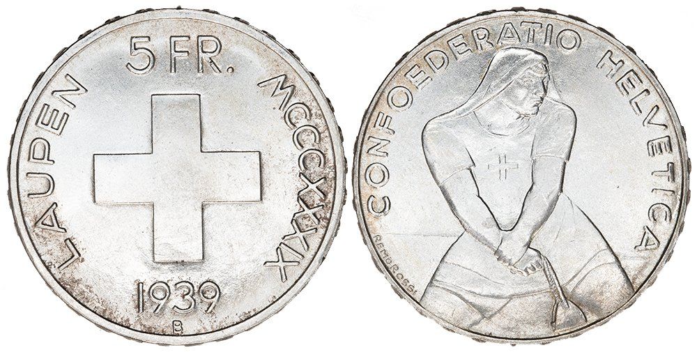 5 Franken Gedenkmünze "Laupen" 1939 (unzirkuliert +) (Neu (gemäss Beschreibung)) in Kollbrunn ...