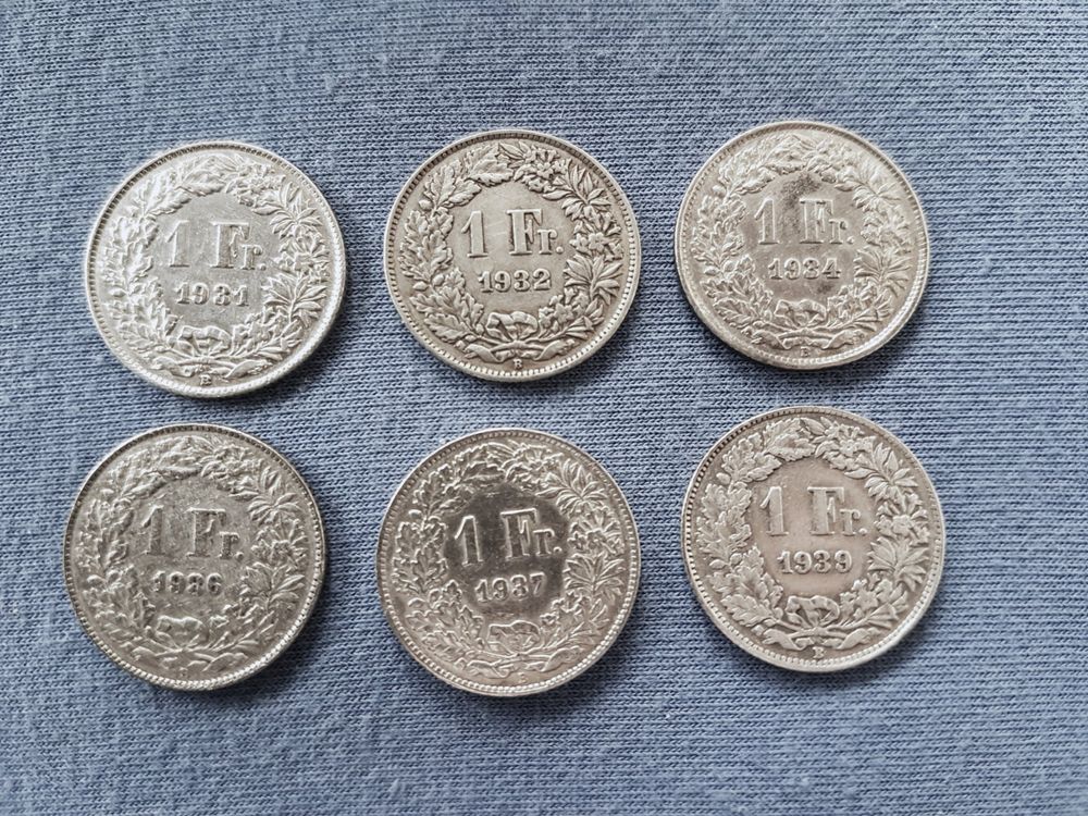6 x 1 Fr Silbermünzen 1931-1932-1934-1936-1937-1939 ab 1 Fr! (Gebraucht) in Camignolo für CHF 17 ...