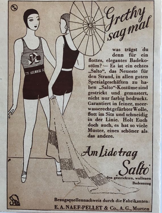Vintage Reklame, Naef-Pellet, Murten, Bade-Mode, 1930 | Acheter sur Ricardo