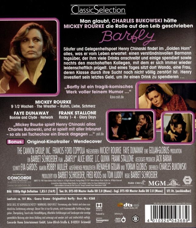 Barfly BluRay #Charles Bukowski #Mickey Rourke #Faye Dunaway (Gebraucht ...