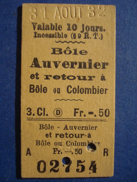 SBB - 31.8.1932 - BÔLE - AUVERNIER - 3.Classe (Gebraucht) in Biel/Bienne für CHF 56 – mit ...