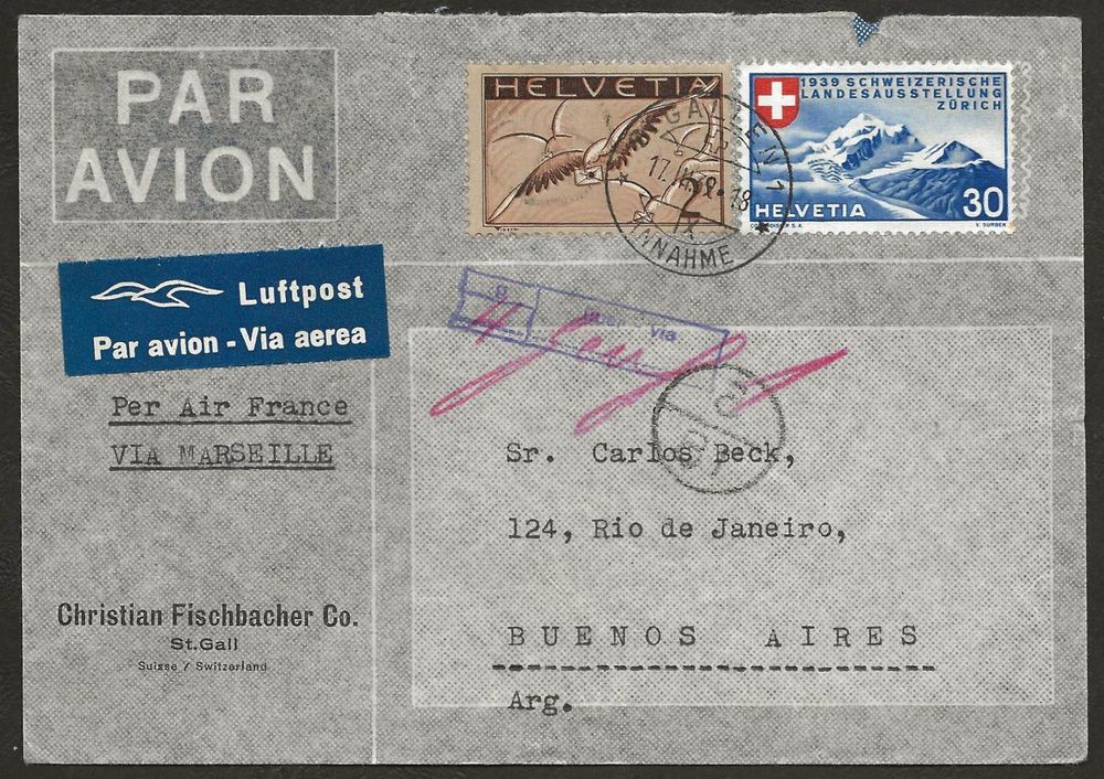 Flugpost Schweiz Argentinien 1939 Genf Marseille Luftpost (Gebraucht) in Au ZH für CHF 10 – mit ...