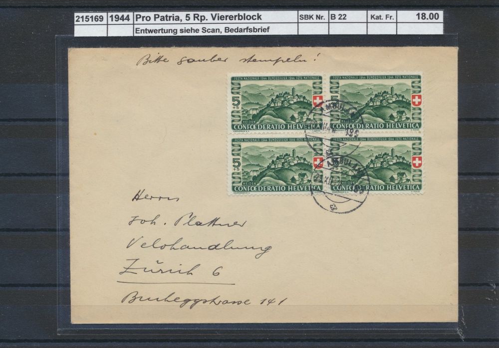 1944 Pro Patria - 5 Rp. Viererblock, Bedarfsbrief (Gebraucht) in Winterthur für CHF 3.5 – mit ...