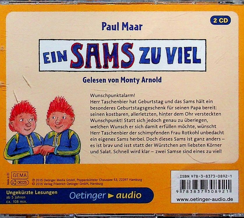 Doppel CD Paul Maar Ein Sams zuviel gelesen v. Monty Arnold | Kaufen ...