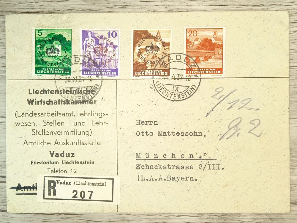 TR65 Enveloppe + Timbre Liechtenstein 1937 (Gebraucht) in Cousset für CHF 17.95 – mit Lieferung ...