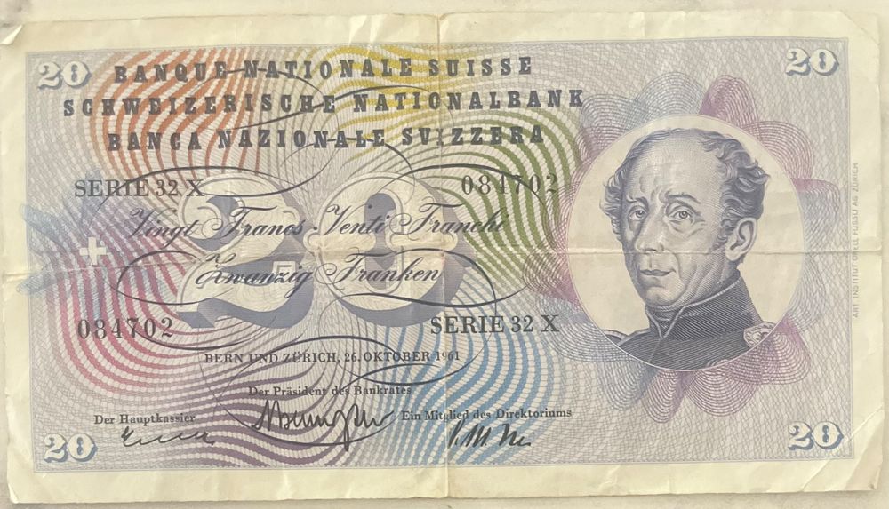 Schweizer Banknote - 20 Frank aus 1961 (Gebraucht) in Root für CHF 10 ...