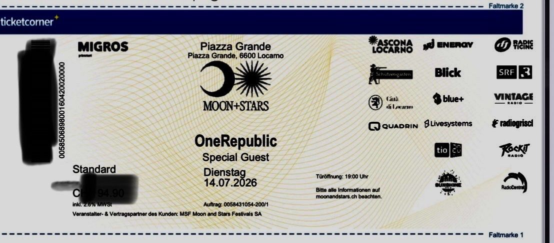 OneRepublic Konzert Ticket Moon and Stars Locarno 2026 (Neu (gemäss ...